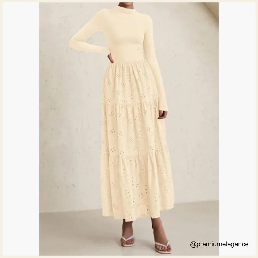 Dresses | Long Sleeve Maxi Dress Mock Neck Eyelet Embroidery Aline Boho ...